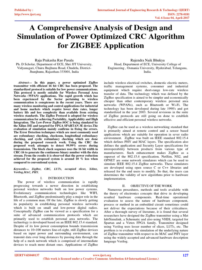 A Comprehensive Analysis Of Design And Simulation Of Power Optimized Crc Algorithm For Zigbee