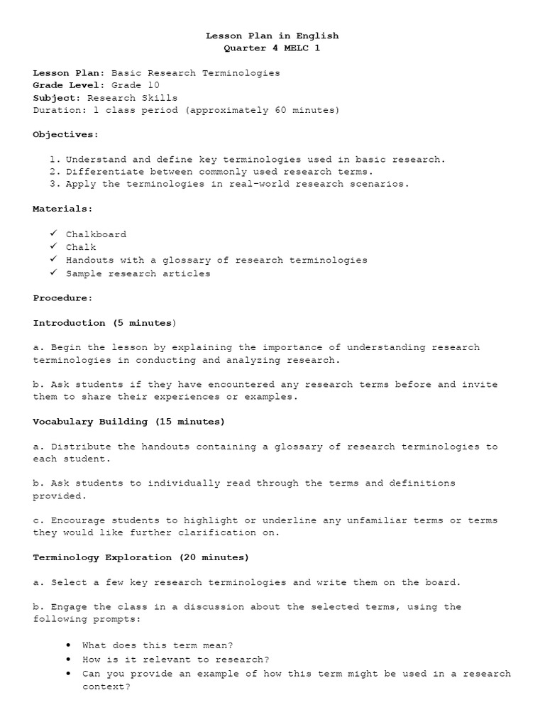 Grade 10 Research Terminologies Lesson Plan | PDF | Lesson Plan ...