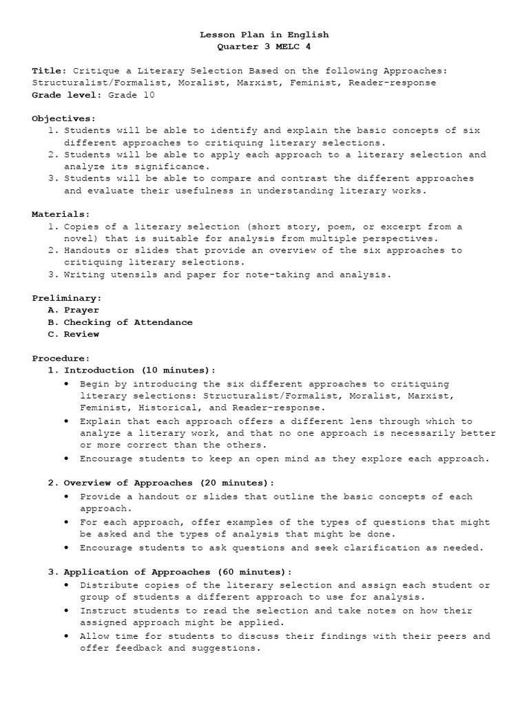 Lesson Plan Literary Critique | PDF | Liberal Arts Education | Human ...