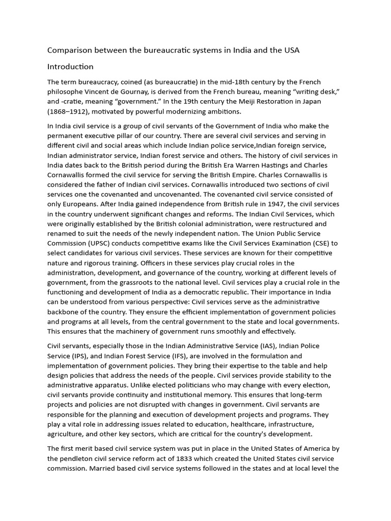 Comparison Between The Bureaucratic Systems in India and The USA | PDF | Civil Service | Welfare