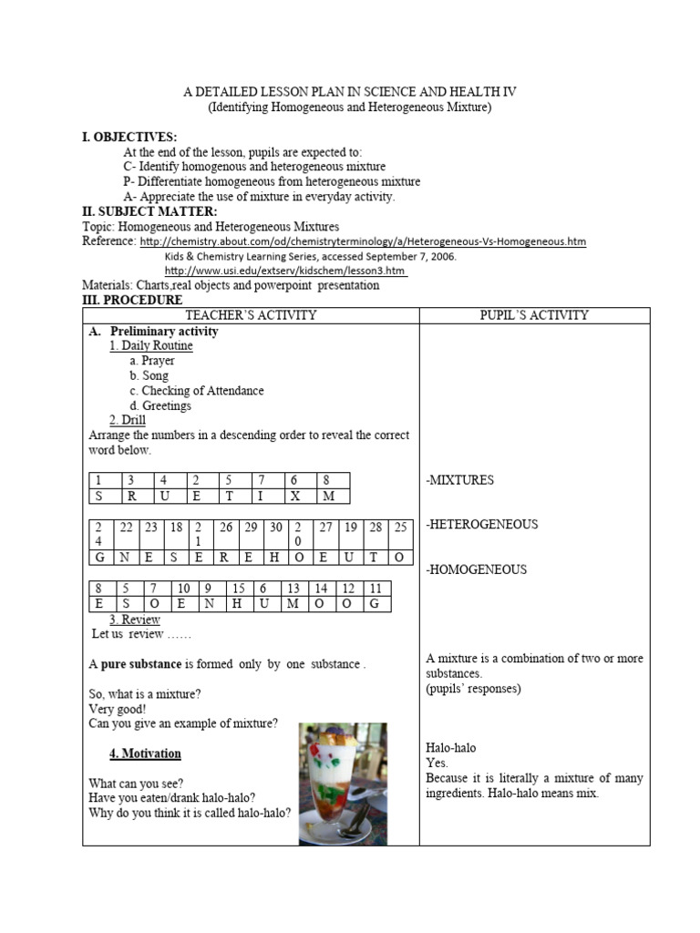 Lesson Plan For Science 4 | PDF | Mixture | Homogeneity And Heterogeneity