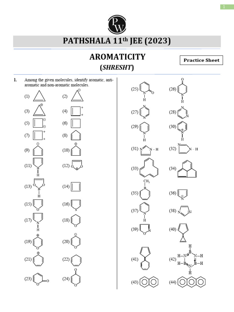 Aromaticity - Practice Sheet - (Pathshala 11th JEE 2023) | PDF ...