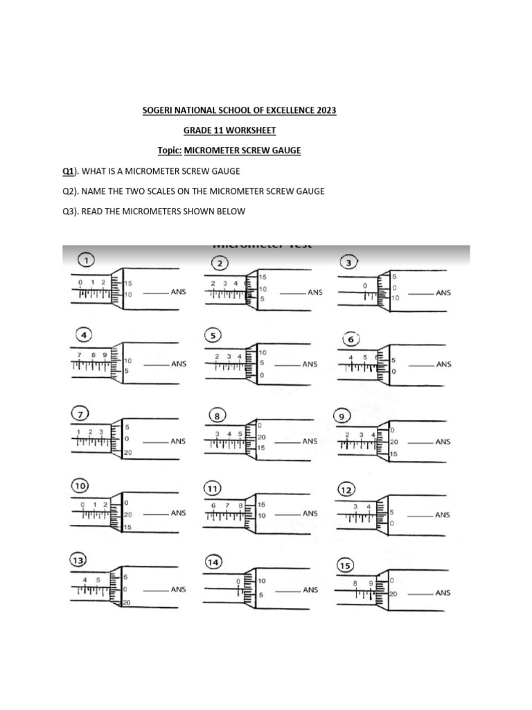 Micrometer Screw Gauge Worksheet | PDF