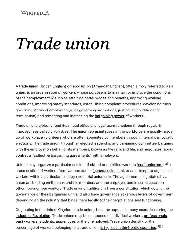 Trade Union - Wikipedia | PDF | Trade Union | Employment