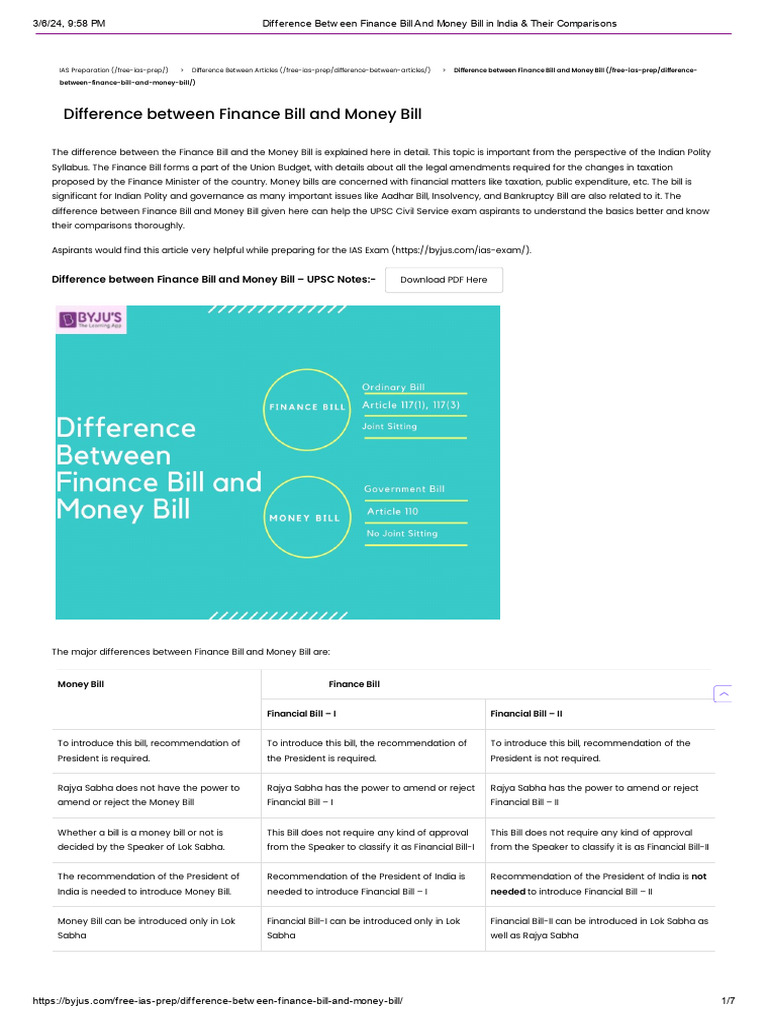 Difference Between Finance Bill and Money Bill in India & Their ...
