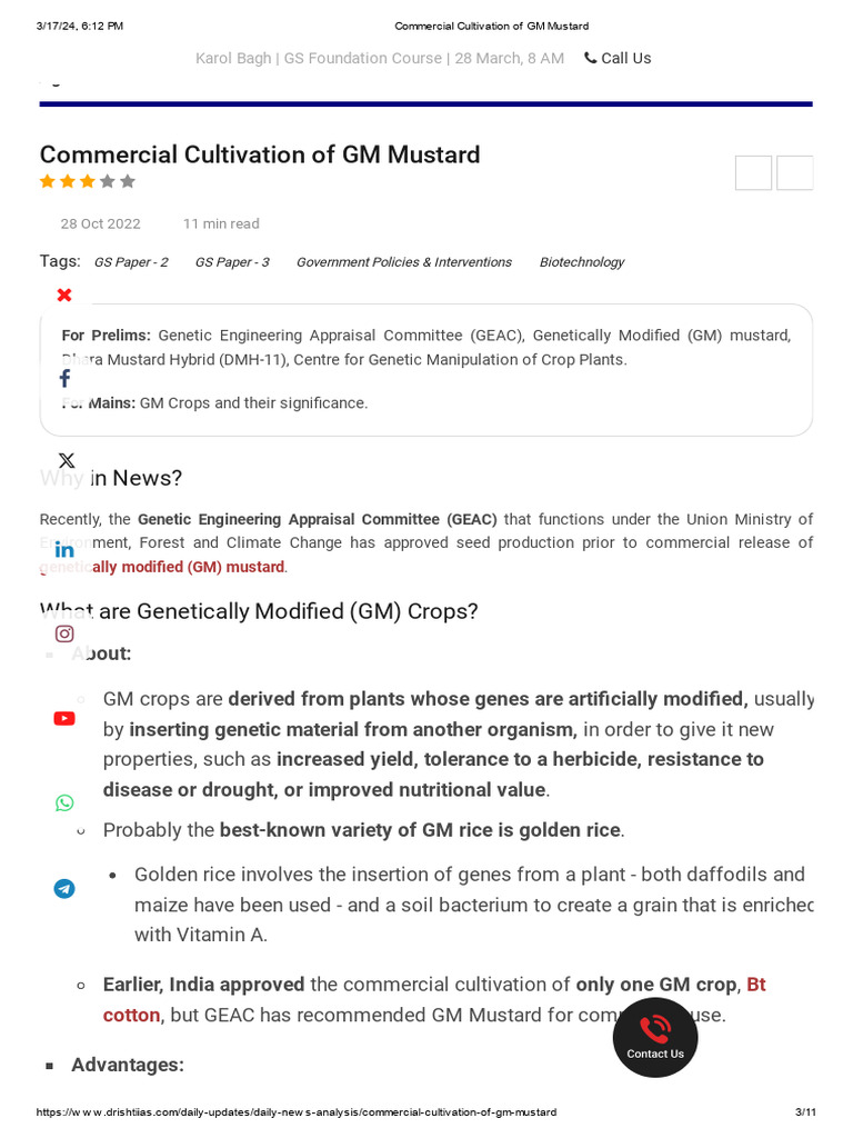 Approval of GM Mustard for Cultivation | PDF | Genetically Modified ...