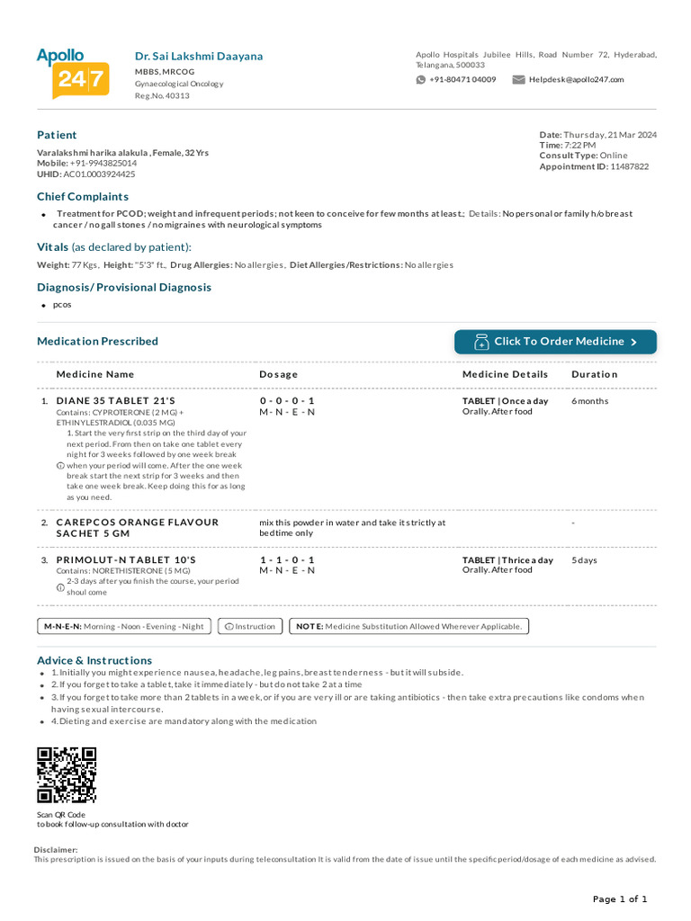 Apollo Hospital Prescription for PCOD | PDF | Medicine | Health Care