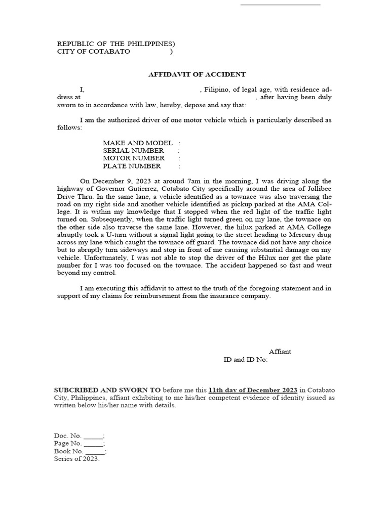 Affidavit of Accident Template | PDF | Law