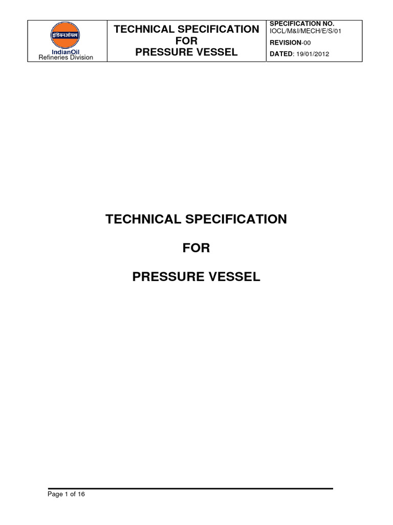 Technical Specification FOR Pressure Vessel | PDF | Welding | Construction