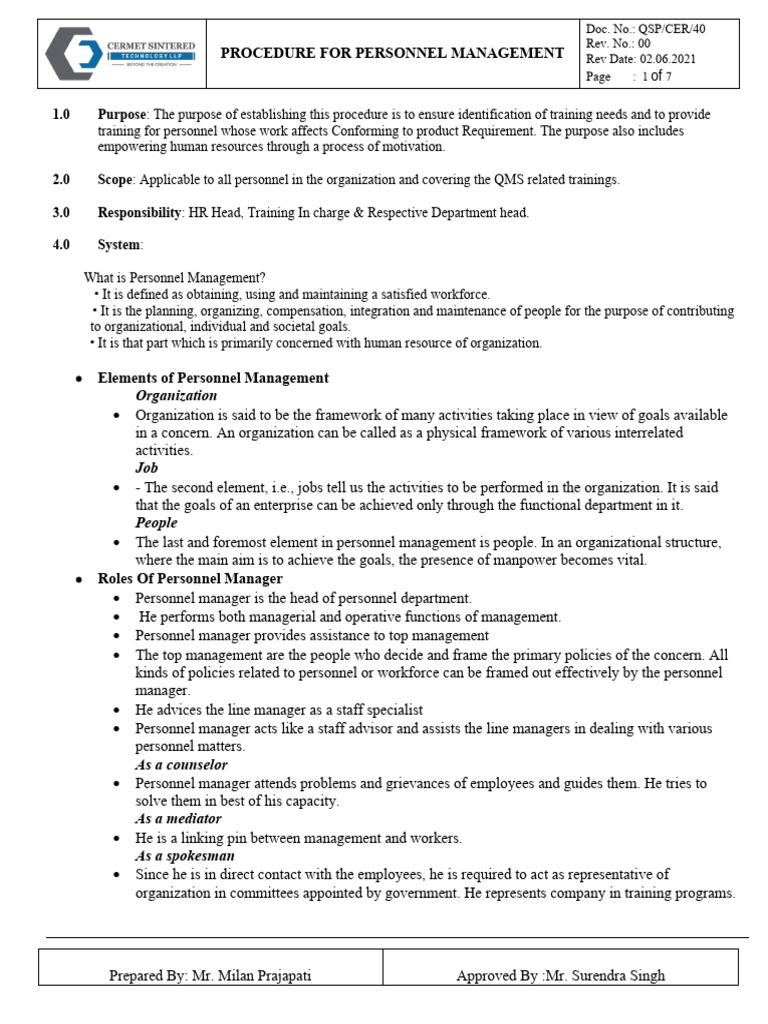 QSP-40 Procedure For Personel Management | PDF | Human Resources ...