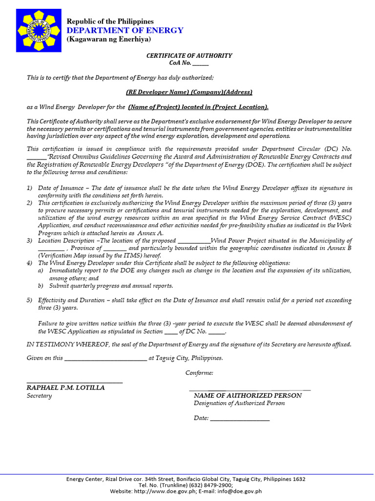 Certificate-of-Authority-Onshore Wind | PDF