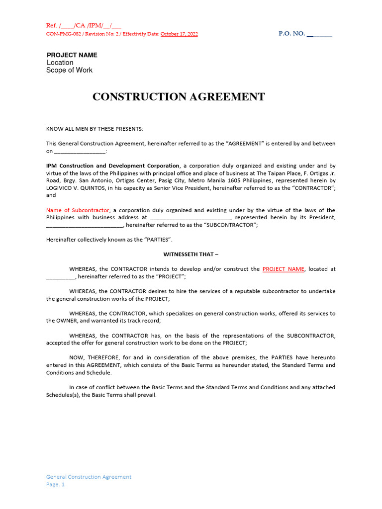 Sample Construction Agreement (for External Subcon) | PDF | Bonds ...