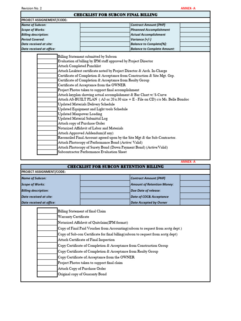 Subcon Billing Checklist (Annex-A) | PDF