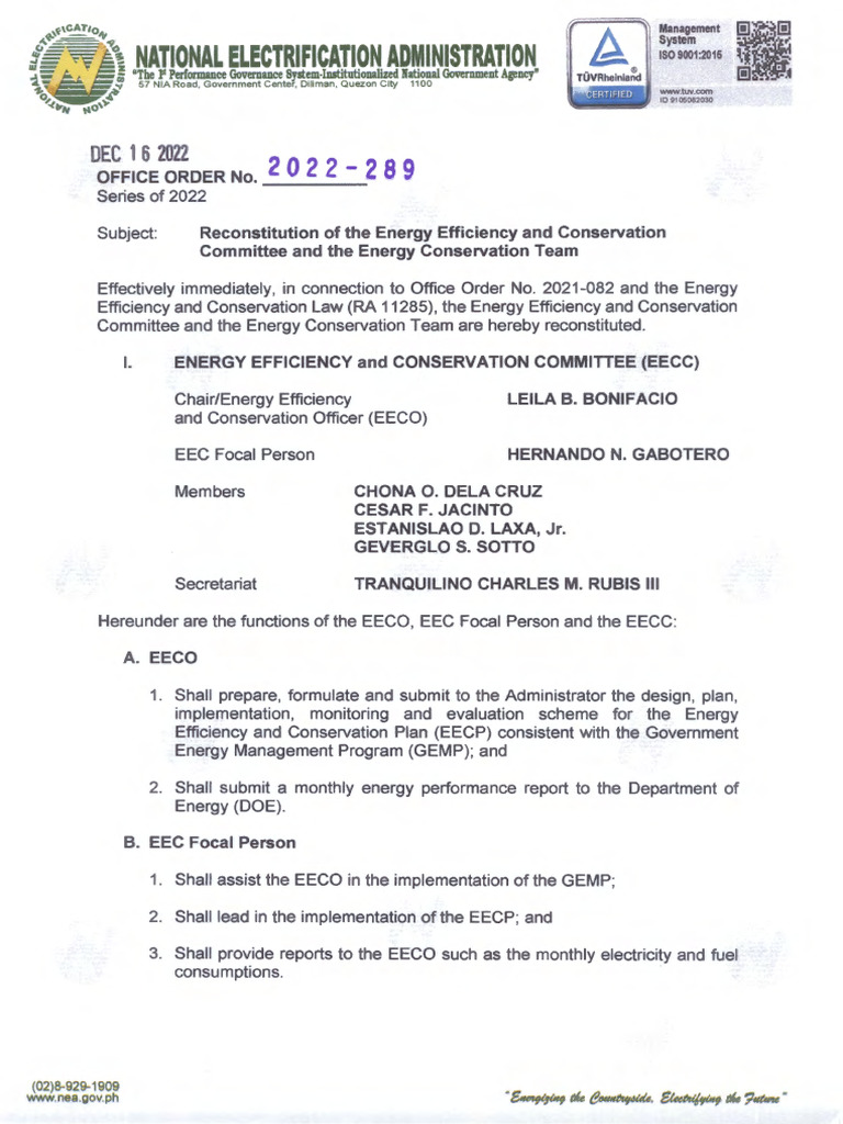 1c Office Order No. 2022-289 - Reconstitution of The Energy Efficiency and Conservation ...