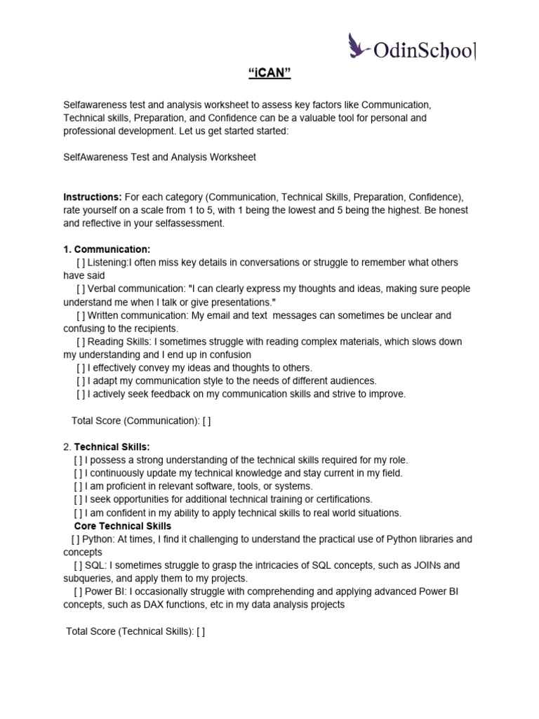 iCAN Self-Assessment Worksheet | PDF | Communication | Self Awareness