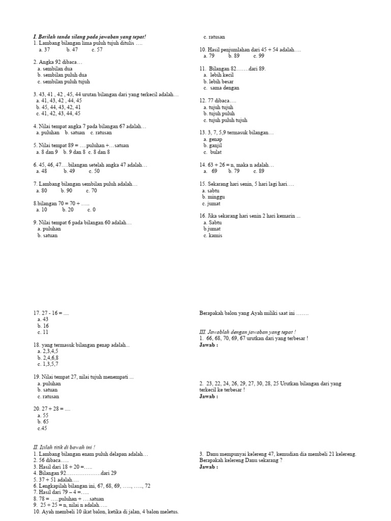 Soal Matematika Kelas 1 Puluhan Dan Satu Pdf