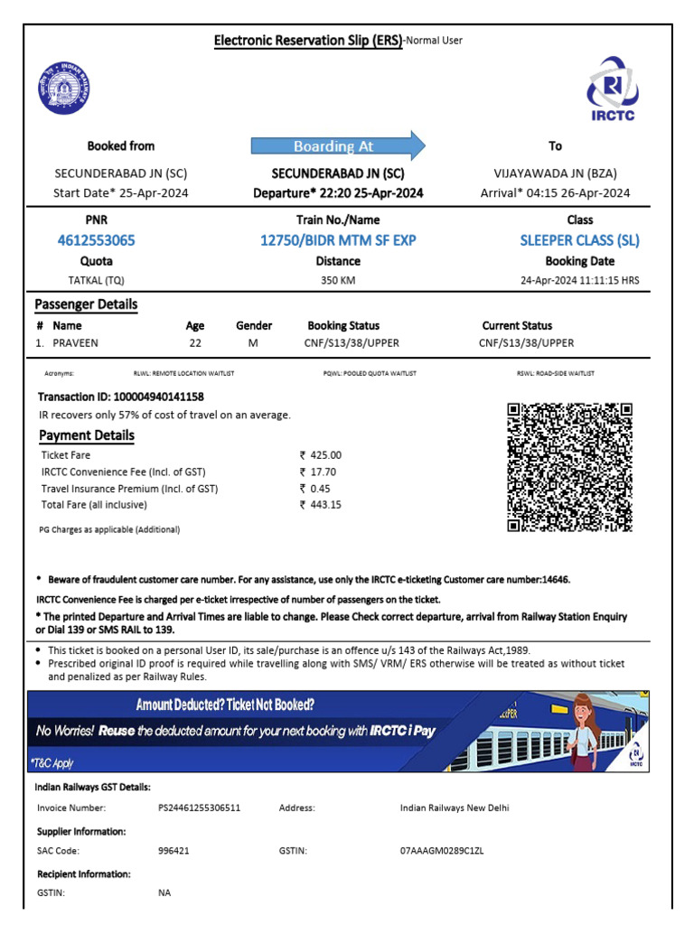 12750/bidr MTM SF Exp Sleeper Class (SL) | PDF | Identity Document