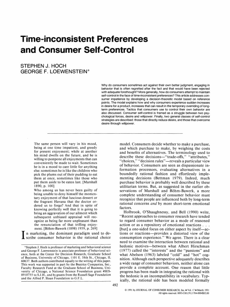 Time-Inconsistent Preferences and Consumer Self-Control: Stephen Hoch ...