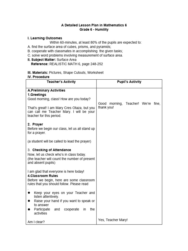 A Detailed Lesson Plan In Mathematics 6 Pdf Area Length