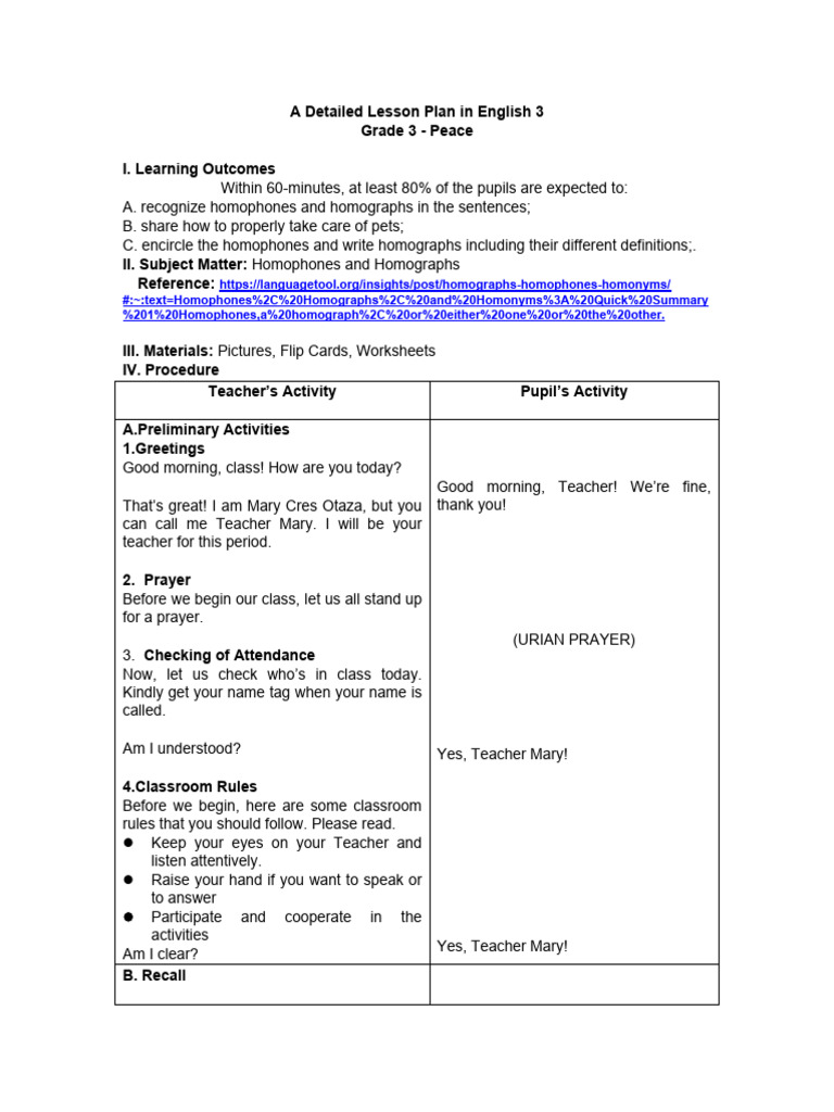 A Detailed Lesson Plan in English 3 | PDF | Syntax | Grammar