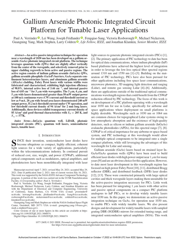 GaAs PIC Platform for Tunable Lasers | PDF | Laser | Gallium Arsenide