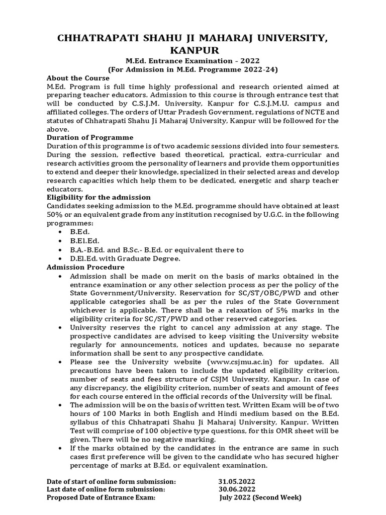 M.Ed. Entrance Exam 2022 Details | PDF | Educational Technology ...