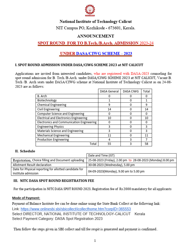 Spot Round 2023 For Btechb Arch Admission at Nit Calicut Under Dasaciwg Scheme - 0 | PDF ...