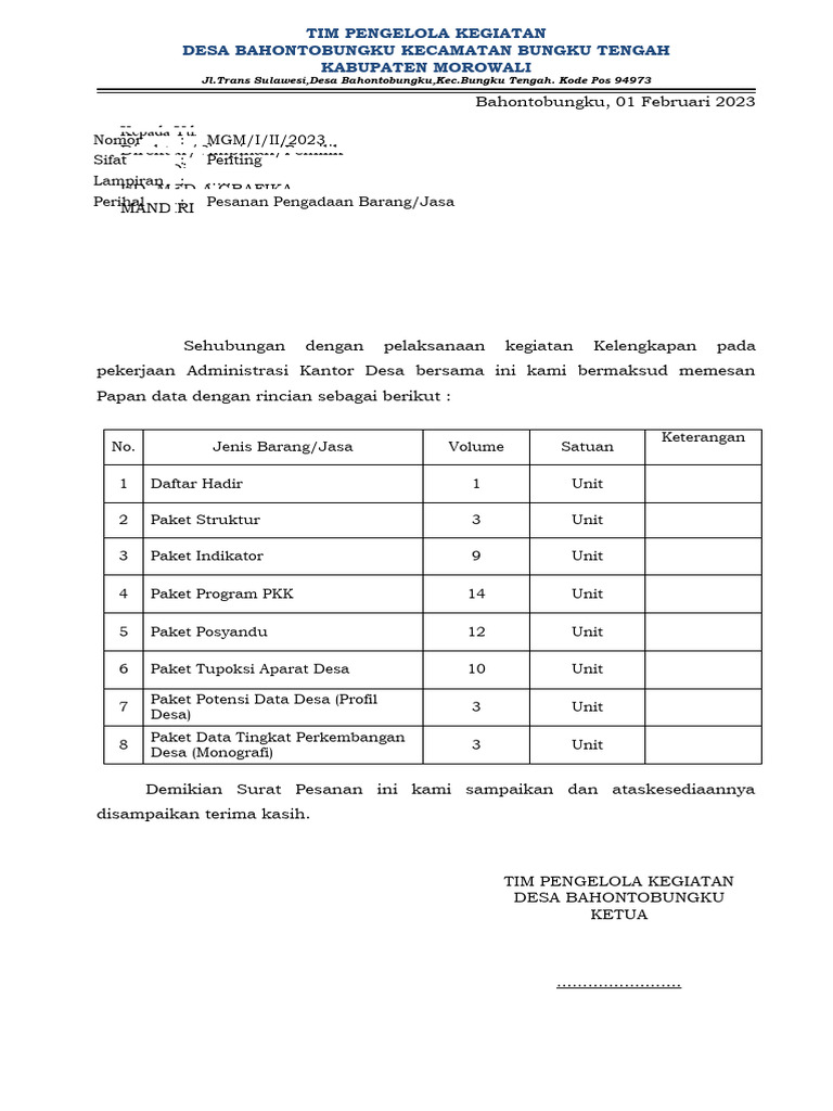 SPJ Pengadaan Papan Data Desa | PDF