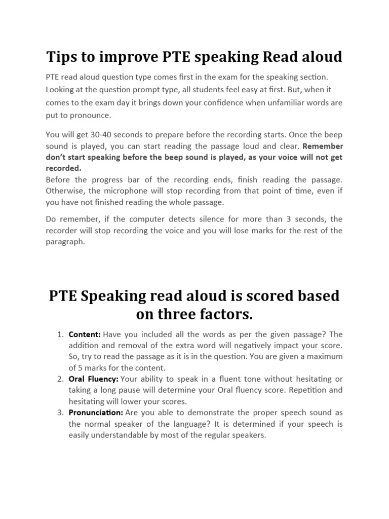 Tips To Improve PTE Speaking Read Aloud | PDF | Fluency | Human Communication