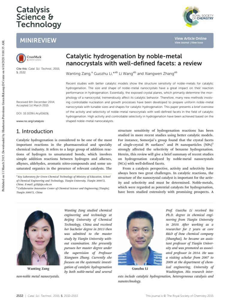 Catalytic Hydrogenation by Noble Metals Nanocrystals | PDF | Catalysis | Hydrogenation