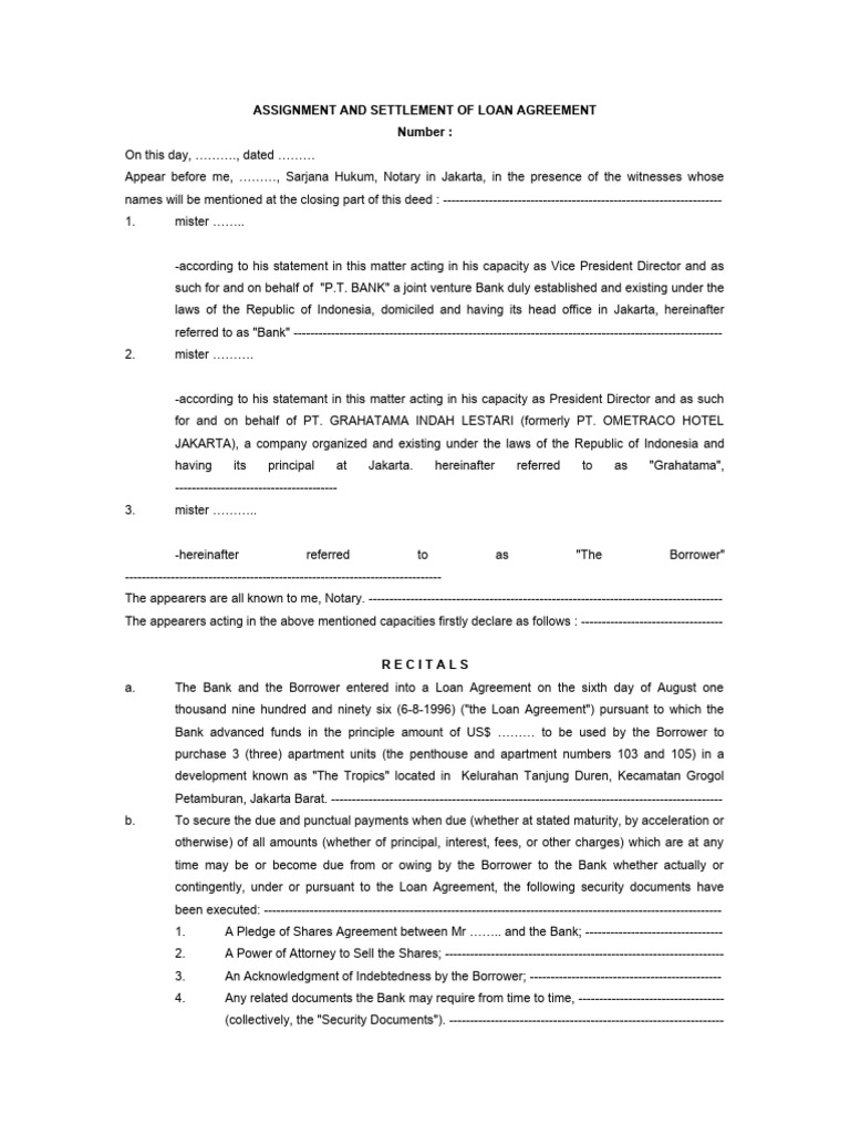 ASSIGNMENT AND SETTLEMENT OF LOAN AGREEMENT | PDF | Loans | Indemnity
