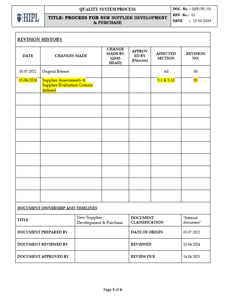 (QSP-PU-01) Process For New Supplier Development & Purchase | PDF | Audit | Quality Management ...