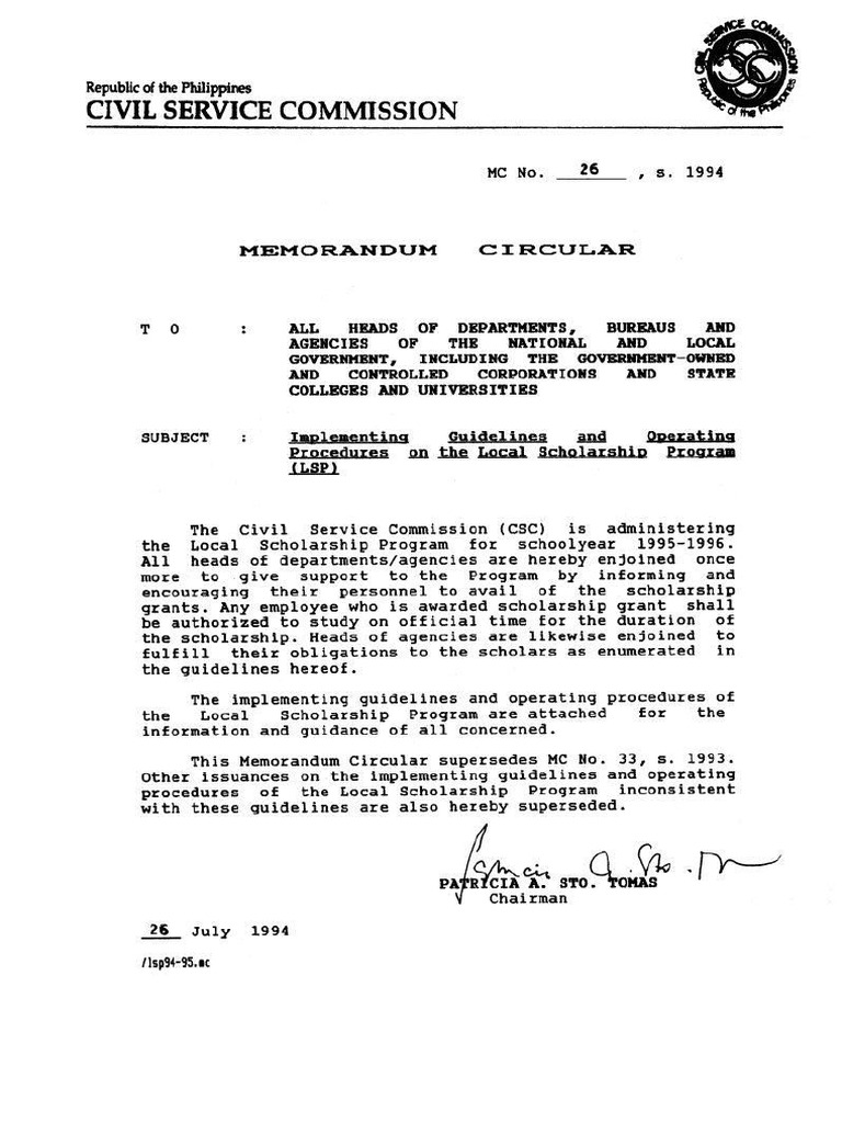 CSC MC No. 26, s-1994 (Implementing Guidelines & Procedures On LSP) | PDF