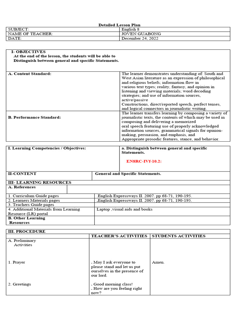 Detailed Lesson Plan | PDF | Cognition | Learning