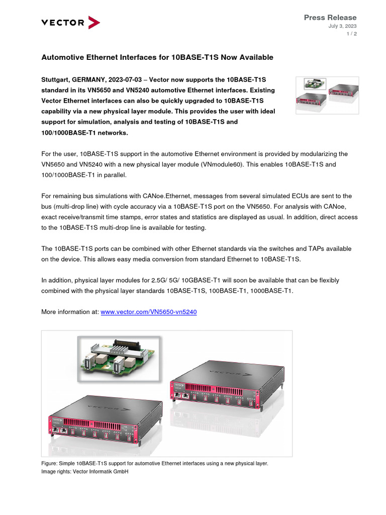 VN5650 VN5240 10BASE T1S PressRelease 202307 EN | PDF | Ethernet | Simulation