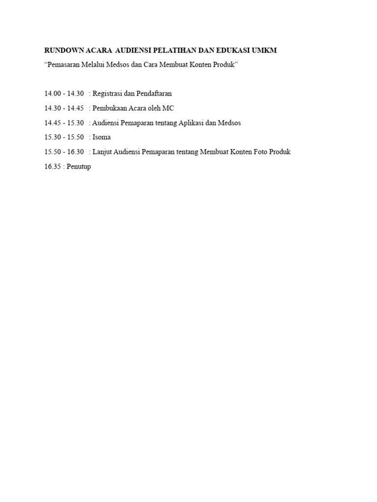 Rundown Acara Audiensi Pelatihan Dan Edukasi Umkm | PDF