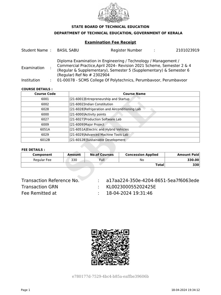 Kerala Diploma Exam Fee Receipt 2024 | PDF