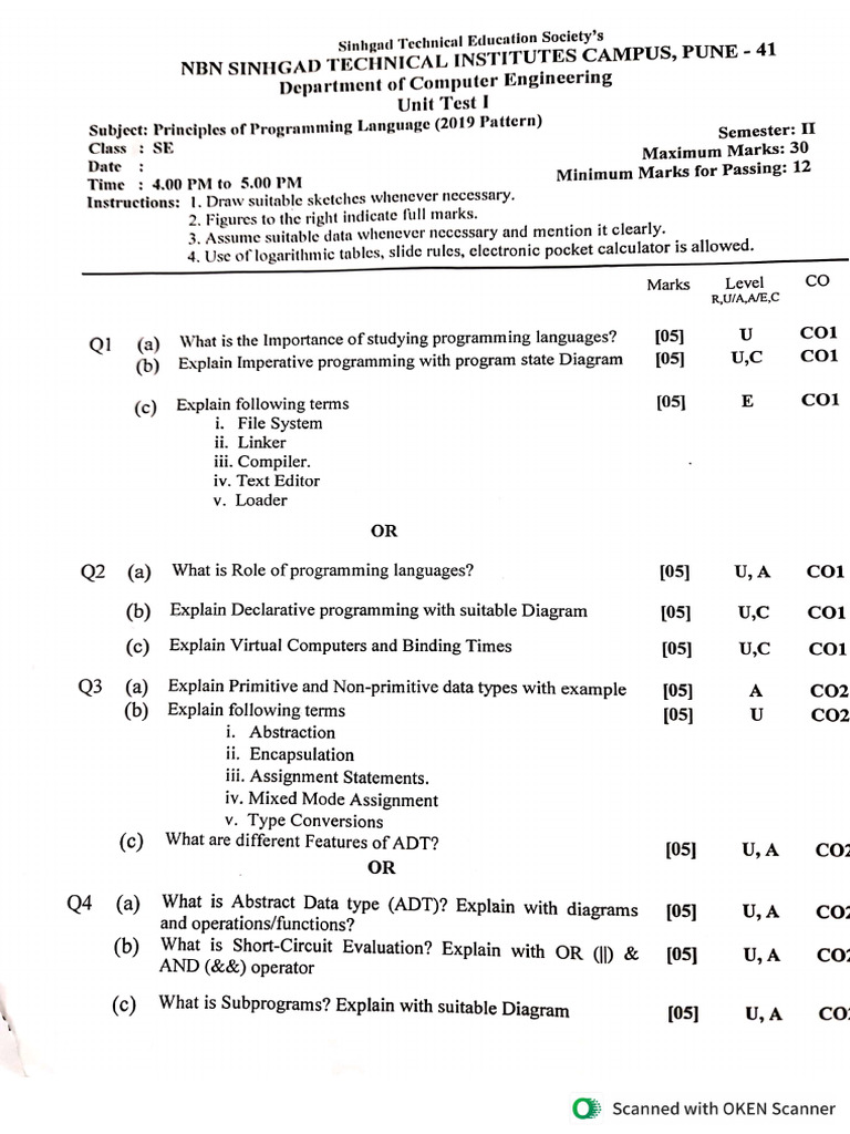 PPL Unit Test Question Paper | PDF