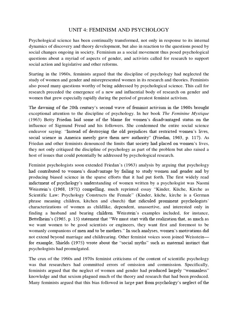 UNIT 4 FEMINISM AND PSYCHOLOGY UG 3rd | PDF | Gender Studies | Feminism
