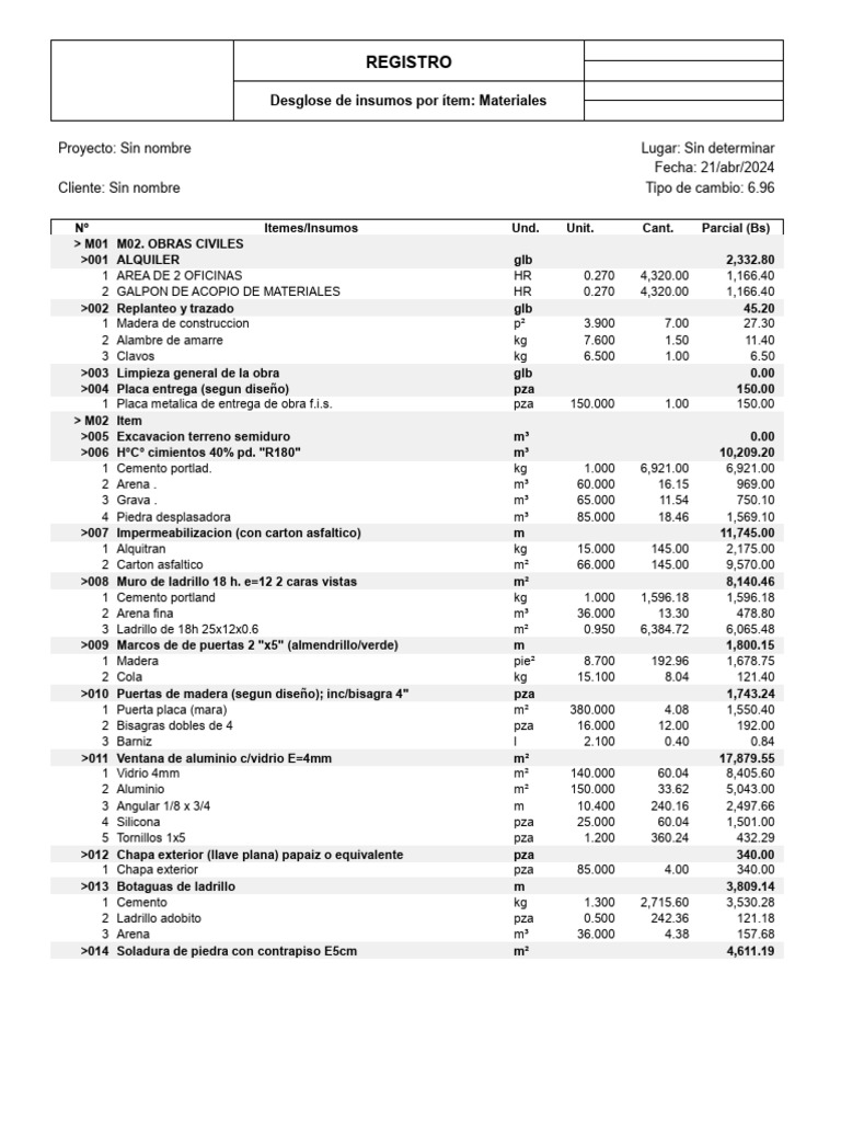 Registro: Desglose de Insumos Por Ítem: Materiales | PDF | Ingeniería ...