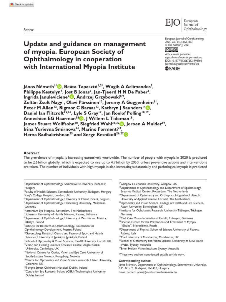 Nemeth Et Al 2021 Update and Guidance on Management of Myopia European Society of Ophthalmology ...