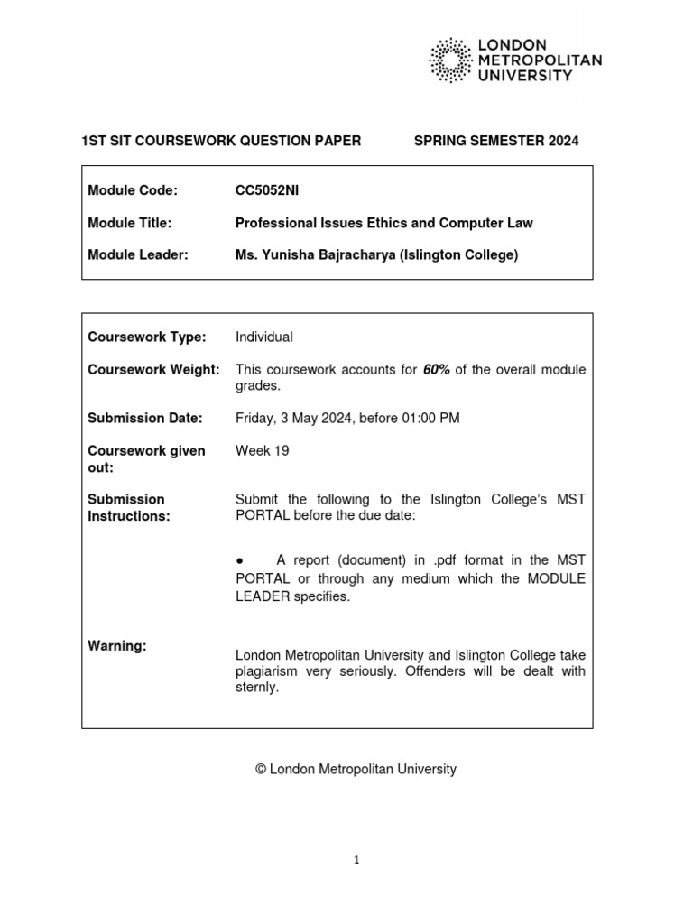 CS5052NIProfessionalIssuesEthicsandComputerLawsY24SpringMainSitCWQP 91647 | PDF