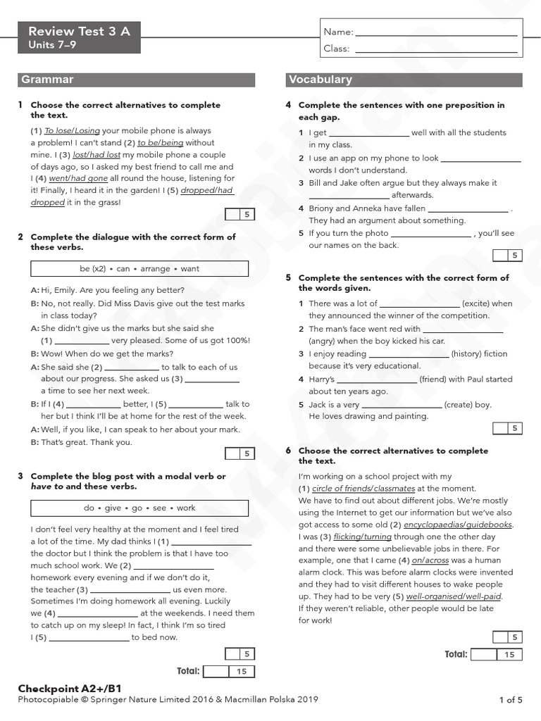 Checkpoint A2+ B1 Review Test 3 A | PDF