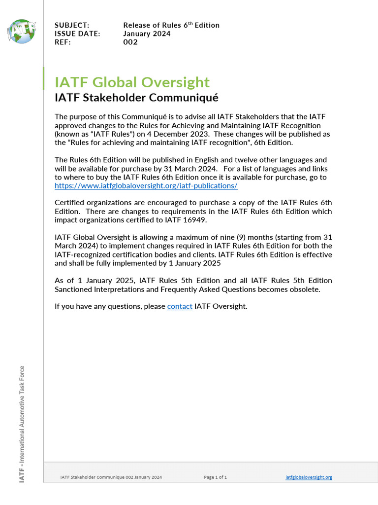 IATF Rules 6th Edition Release Notice | PDF