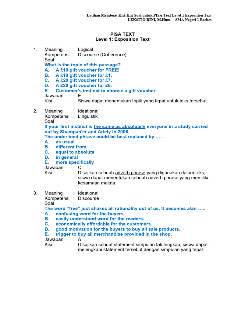 Latihan Membuat Kisi-Kisi Soal Teks PISA 1 (Leksito Rini - SMAN 1 Brebes) | PDF | Cognitive ...