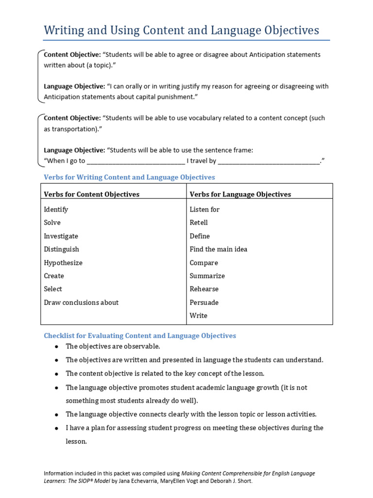 Language Objectives | PDF | Reading Comprehension | Cognitive Psychology