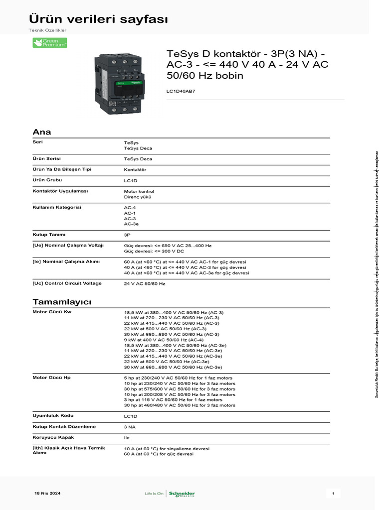 LC1D40AB7 - Schneider Electric - TeSys-Deca-Kontaktörler - LC1D40AB7 | PDF