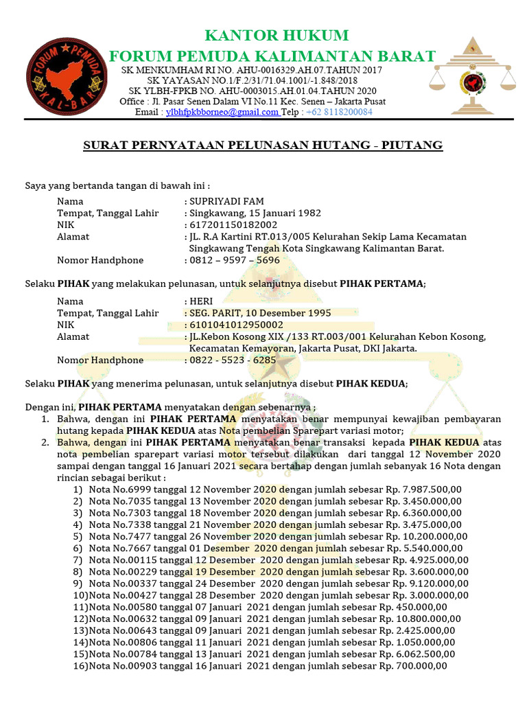 Surat Pernyataan Pembayaran Hutang Heri Revisi 11 Okt 2022 | PDF