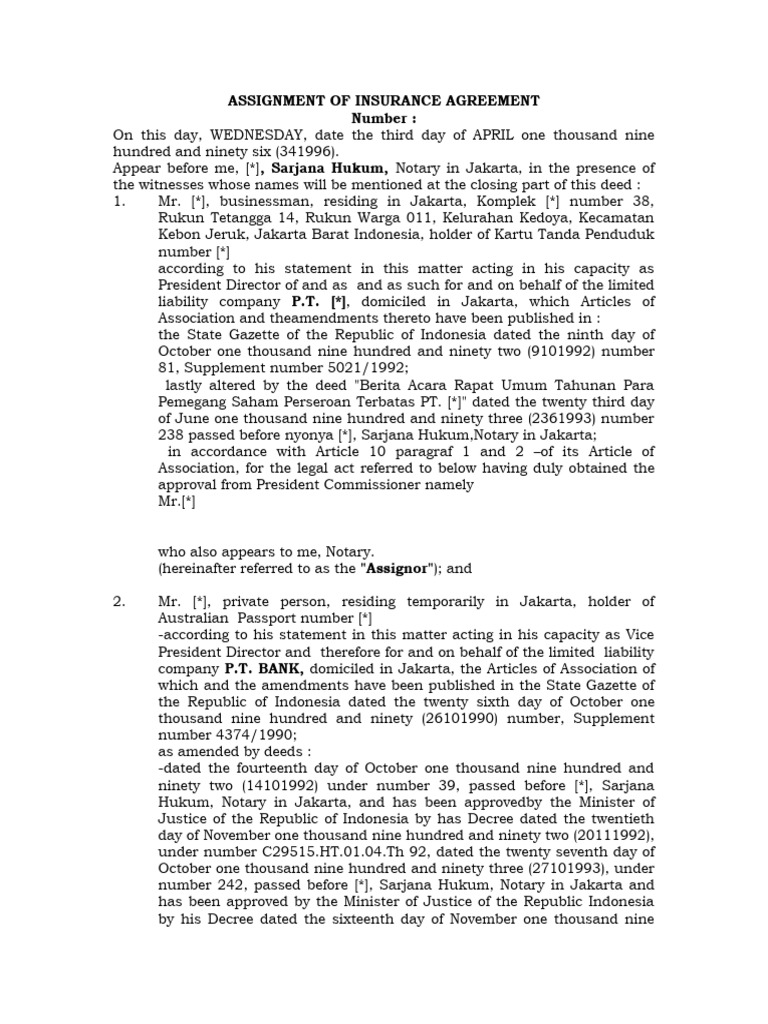 Assignment of Insurance Agreement | PDF | Assignment (Law) | Insurance