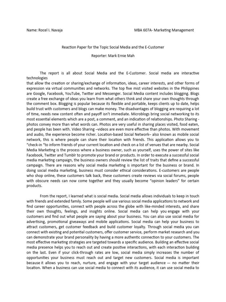 Social Media and The E-Customer Reaction Paper | PDF | Social Media ...